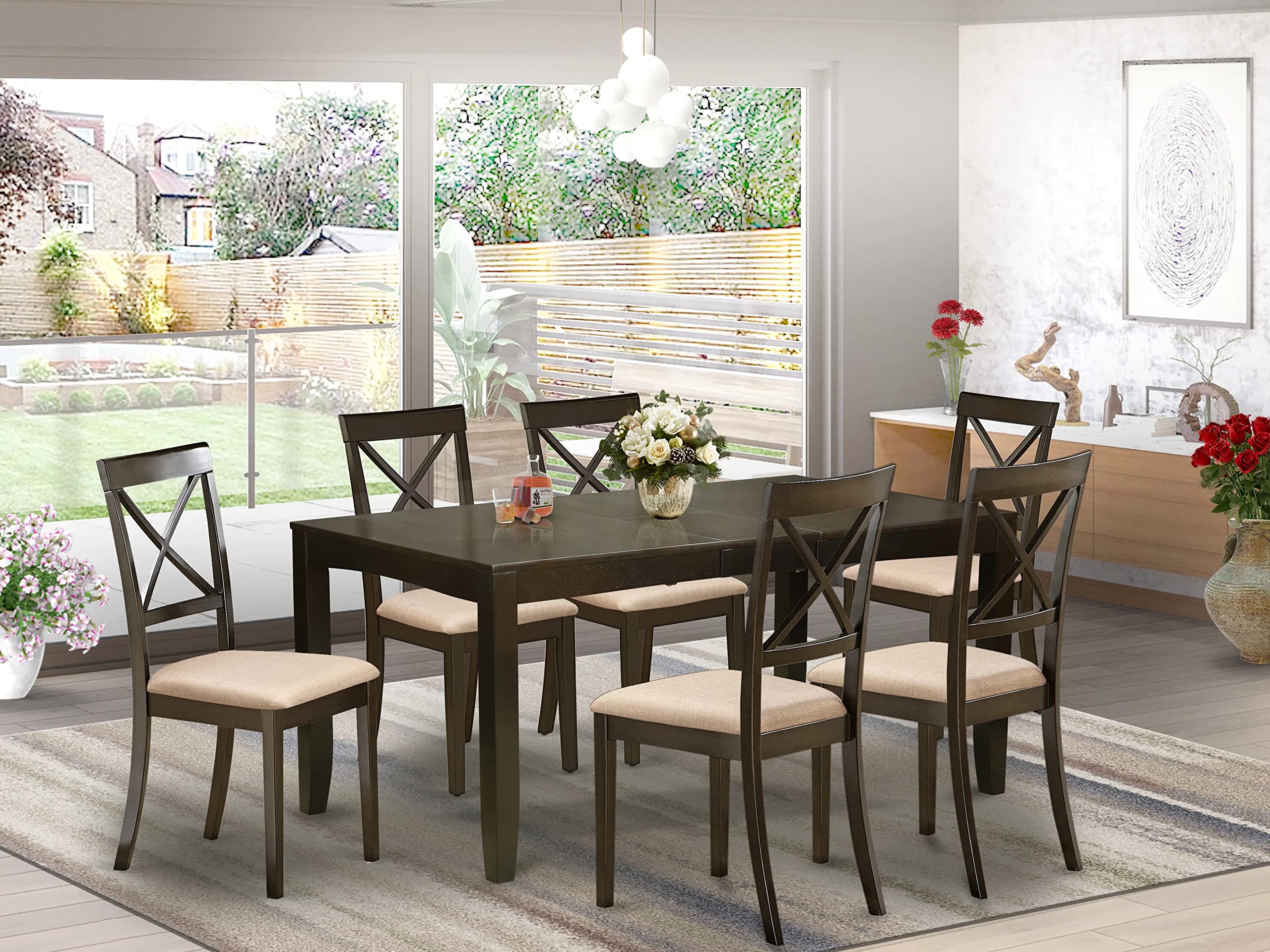 East West Furniture LYBO7-CAP-C Lynfield 7 Piece Set Consist of a Rectangle Dining Table with Butterfly Leaf and 6 Linen Fabric Kitchen Room Chairs, 36x66 Inch, Cappuccino