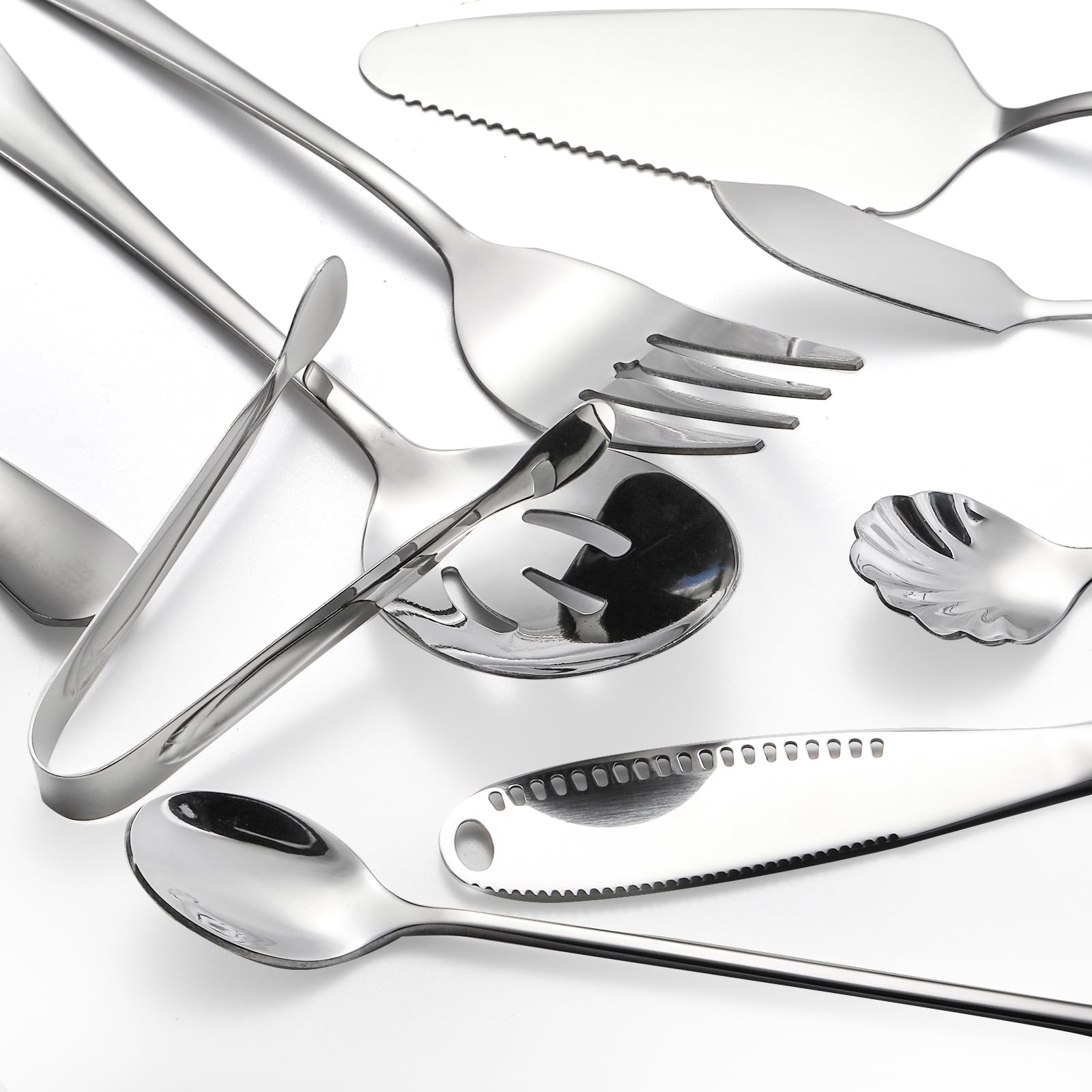 Nicunom 12 Piece Stainless Steel Serving Utensils, Silverware Serving Set Flatware Serving Tableware Cutlery Set for Home Kitchen Restaurant Party, Mirror Polished, Dishwasher Safe