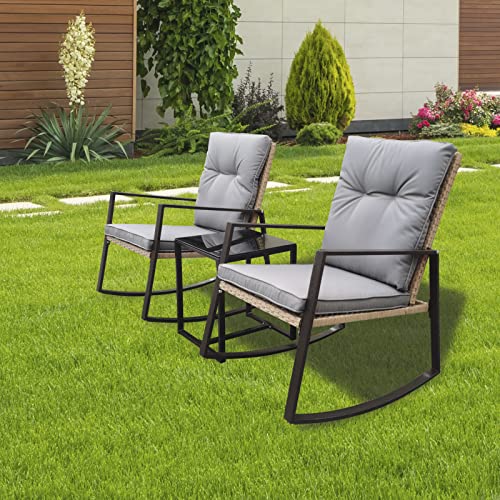 YIYAN 3 Piece Bistro Set Outdoor Patio Rocking Wicker Chairs with Washable Cushion and Coffee Table (Gray)