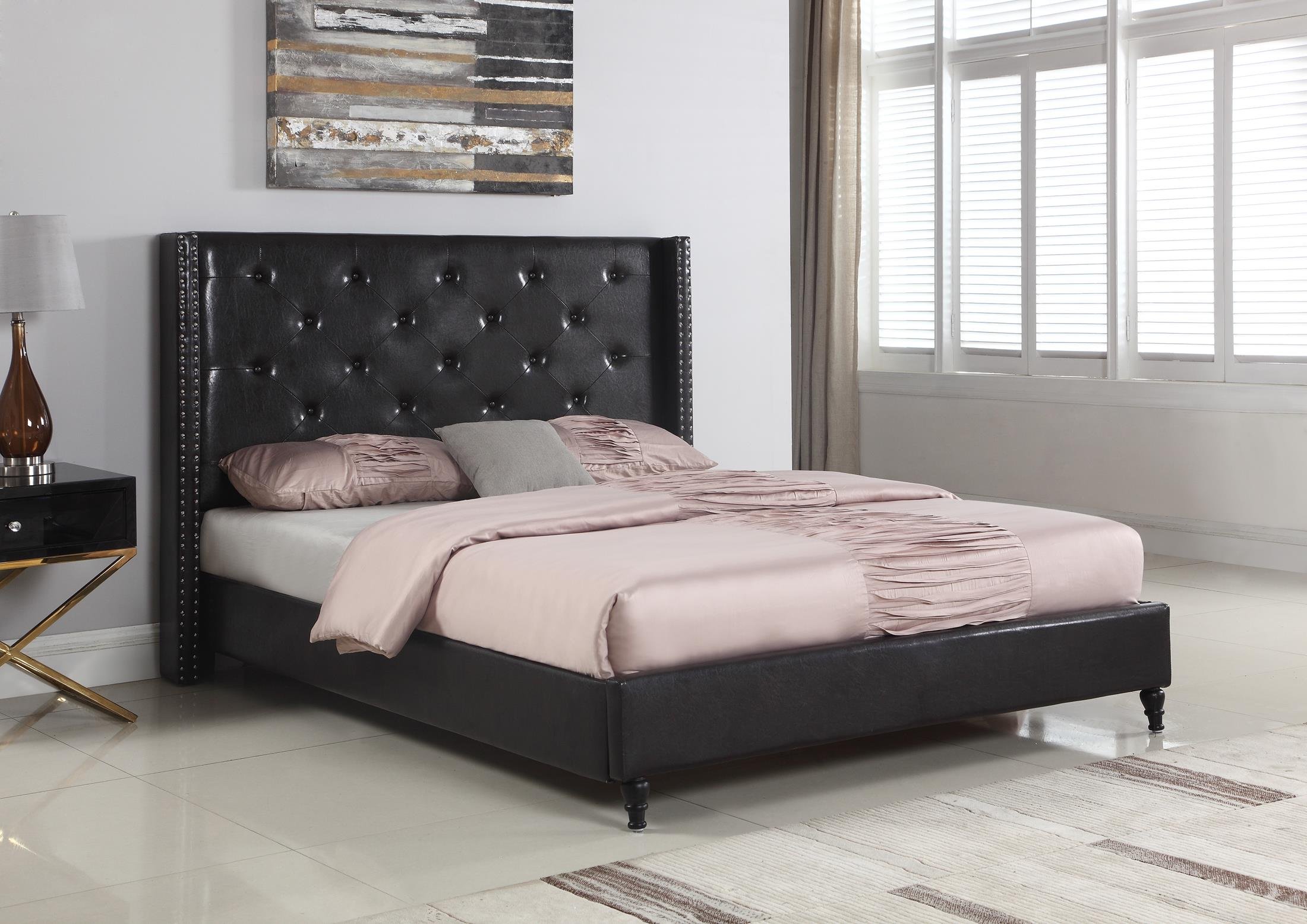 King Upholstered Platform Bed Frame with 51" Tall Headboard - Button Tufted Leather Bed - Wood Slat Support with Storage Space - No Box Spring Needed - Easy Assembly - Black - Oliver & Smith Astor