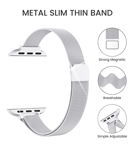 ZXCASD Metal Bands Compatible with Apple Watch Band 38mm 40mm 41mm for Women,Slim Stainless Steel Loop Magnetic Clasp Strap for iWatch Series 8 7 6 5 4 3 2 1 SE(38mm 40mm 41mm,Silver
