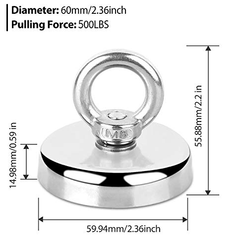 Fishing Magnets 2 Pack, 500lbs Pulling Force Super Strong Round Neodymium Rare Earth Magnet with Countersunk Hole Eyebolt for Magnetic Fishing, River, Salvage, Treasure Hunting, 2.36" Diameter