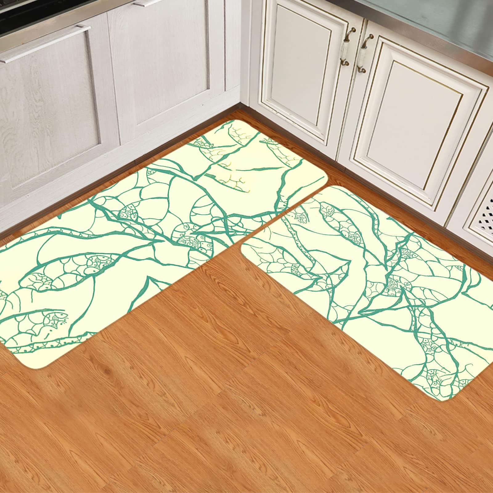Green Yellow Kitchen Rugs Set of 2 Floor Mats, Abstract Botanical Art Hand Draw Lines Kitchen Rugs and Mats Non Skid, Cushioned Comfort Standing Mats, 24"x36"+24"x71"