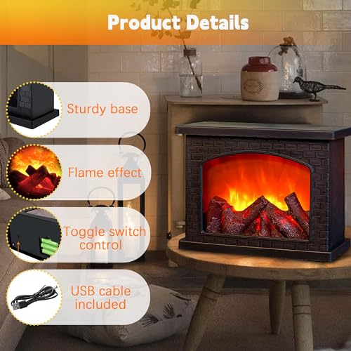 Fireplace Lanterns Decorative,Small Fake Fireplace,Flame Effect LED Fire Lamp,Battery Operated USB Charge Portable Fireplace,Indoor Outdoor Christmas Decoration (No Heater Function Black)