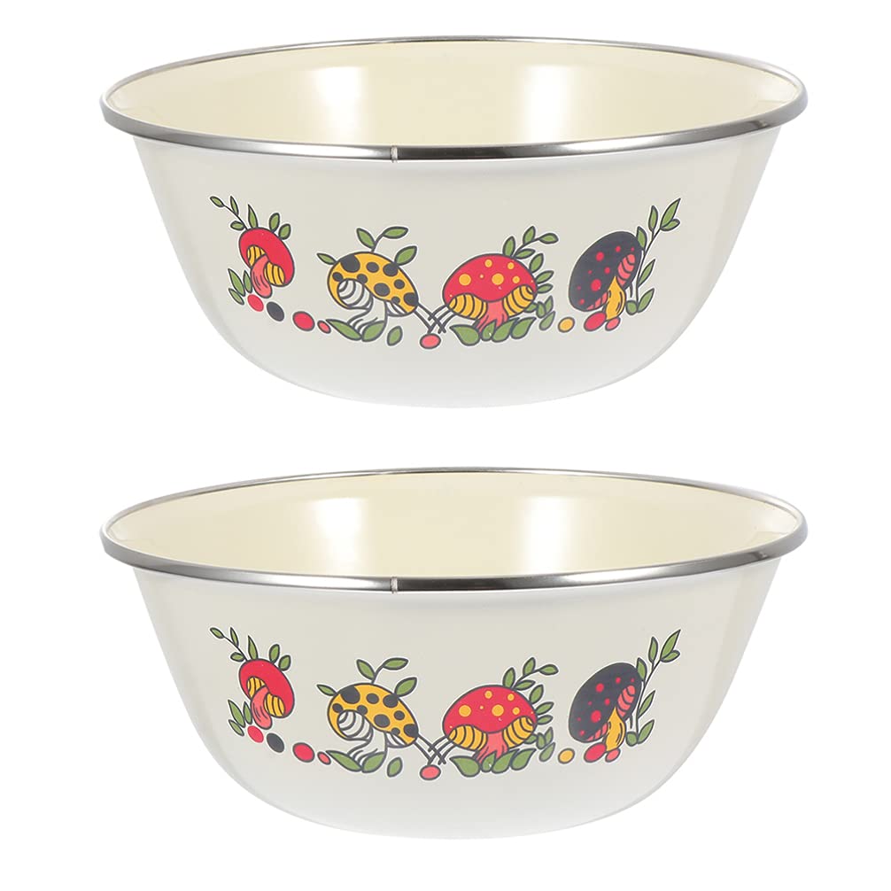 Hemoton Home Decor Wedding Decor 2pcs Vintage Style Enamel Bowl Oil Pot with Cover Enamel Mixing Bowl Large Salad Serving Bowl Soup BasinsThickened Vegetable Basin (Beige) Home Décor Wedding Decor