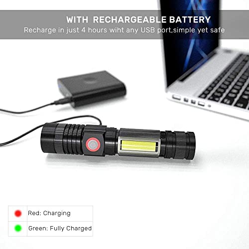 iToncs LED Rechargeable, 1000 Lumens Super Bright Magnetic Flashlight with COB Work Light, Waterproof, 4 Modes, Pocket Tactical Flashlights for Outdoor Camping Emergency 2 Pack No Battery