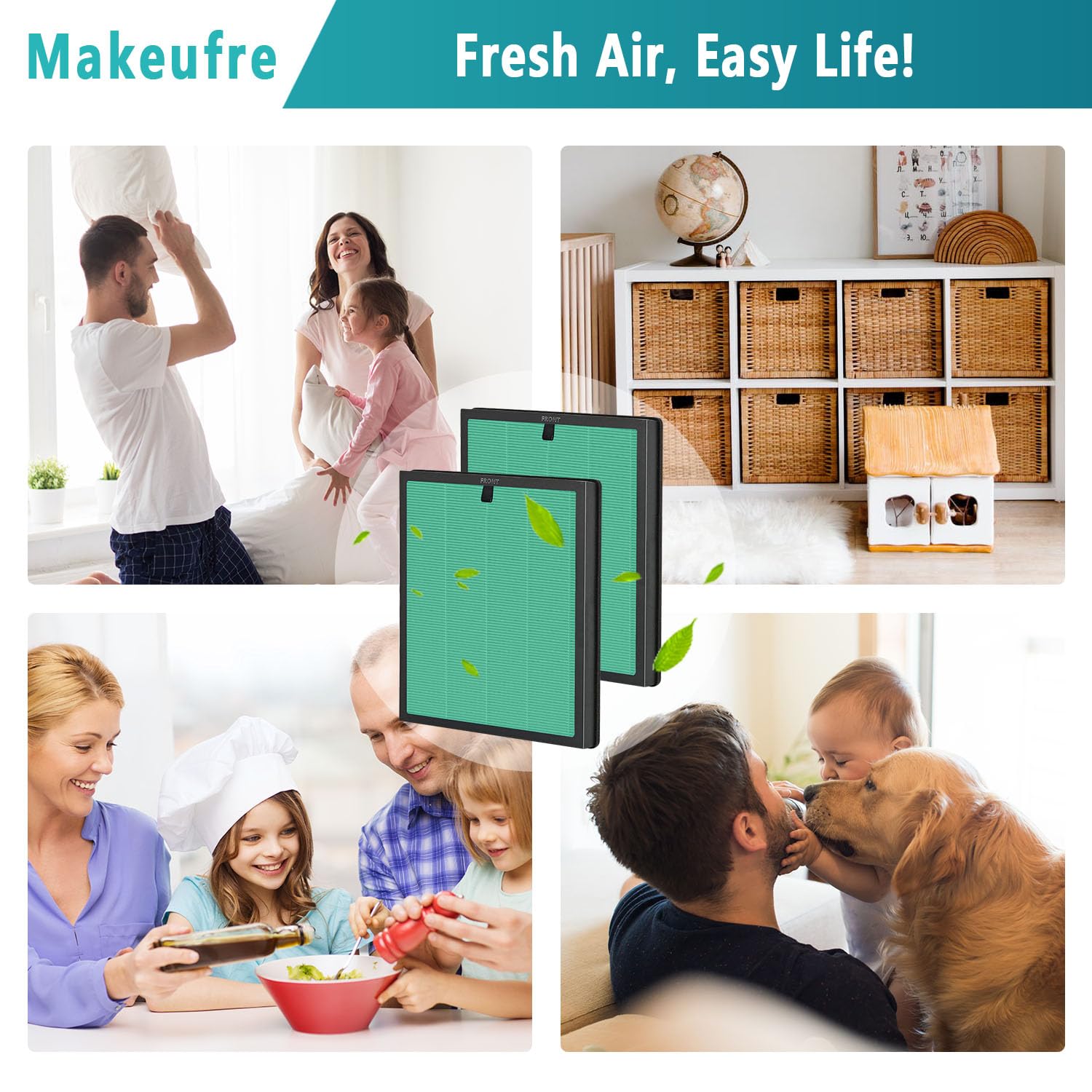Makeufre MKD05 Air Filter Replacement, Compatible with AROEVE MKD05 Air Purifier, 4-in-1 High-Efficiency HEPA Filter, 2 Pack (MKD05 filter Green)