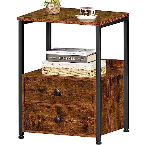 Lerliuo Nightstand, Industrial Bed Side Table with 2 Drawers Storage Open Shelf, Sturdy End Table with Steel Frame, Night Stand for Bedroom, Living Room, Vintage Brown