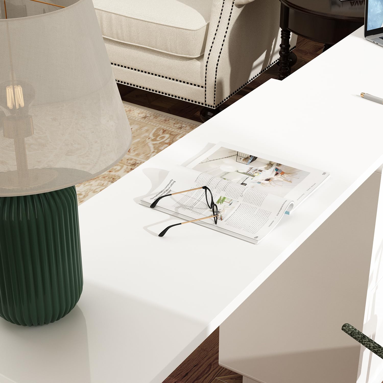 ECACAD 2 in 1 Vanity Desk, 47.2" L Vanity Table with L-Shaped Desk & Double Dresser, Versatile Makeup Vanity Dressing Table Computer Desk with Round Corners for Bedroom, Home Office, White