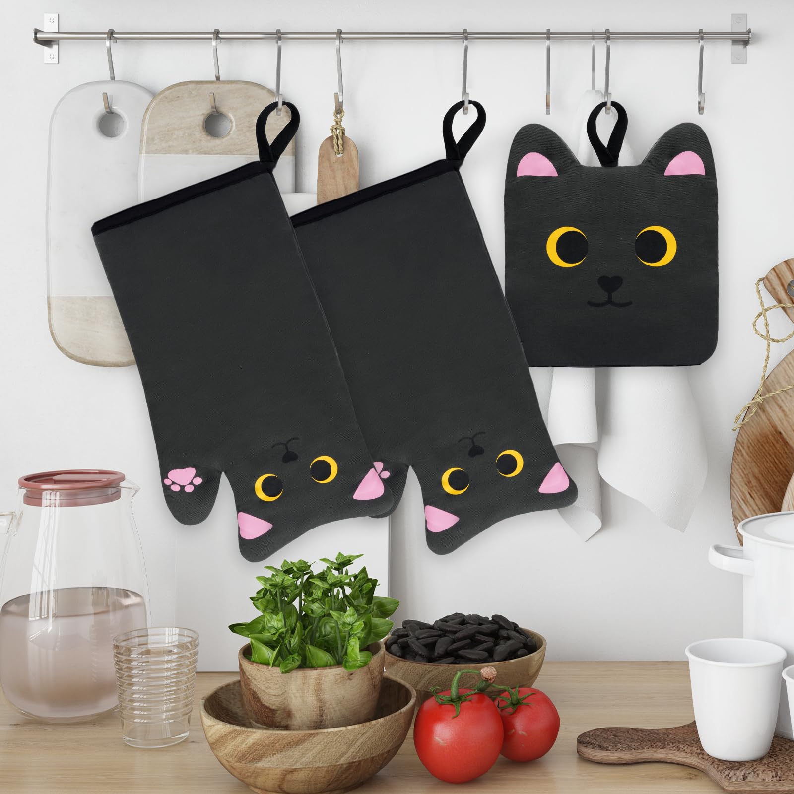 NIGOWAYS Oven Mitts,Cute Cat Design Cooking Glove,Quilted Cotton Lining,Heat Resistant Oven Mitts and Pot Holders Sets for Baking,Microwave,Cute Oven Mitts Gift for Mom,Housewarming(Black)