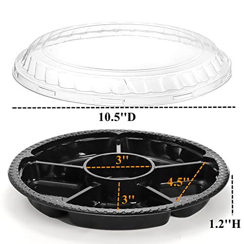 Lyellfe 30 Pack Plastic Appetizer Tray with Lid, Disposable Fruit Veggie Tray with 6 Compartment, 10.5 Inch Heavy Duty Snack Serving Platter Container for Salad, Nut, Olive, Party