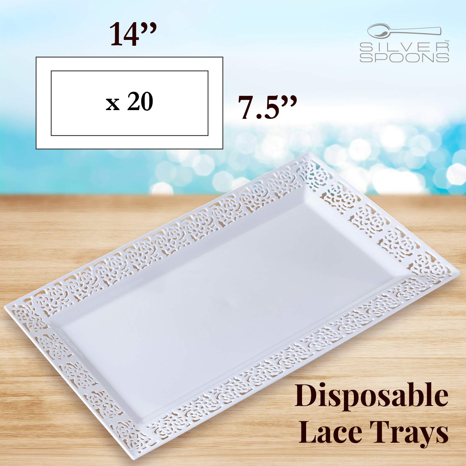 Silver Spoons DISPOSABLE LACE TRAYS | for Upscale Wedding and Dining | 6 pc | White | 14β x 7.5β -