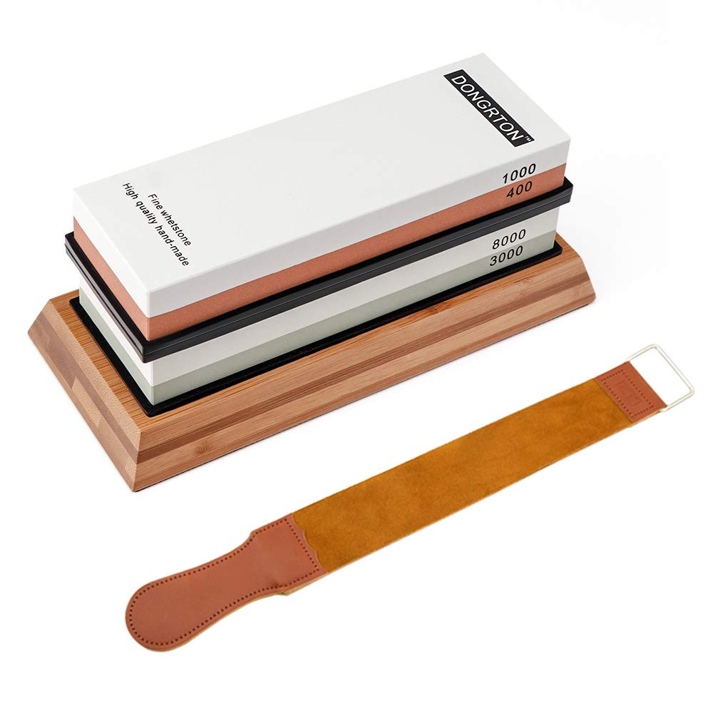 DONGRTON Knife Sharpening Stone Set Premium Whetstone Kit 400/1000 3000/8000 Grit Waterstone for Knife Sharpener Stone Leather Strop Non-Slip Bamboo Base