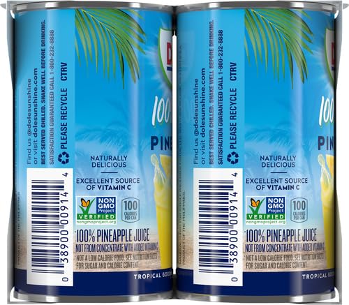 Dole 100% Pineapple Juice, No Added Sugar, Excellent Source of Vitamin C, 100% Fruit Juice, 6 Fl Oz (Pack of 6), Packaging May Vary