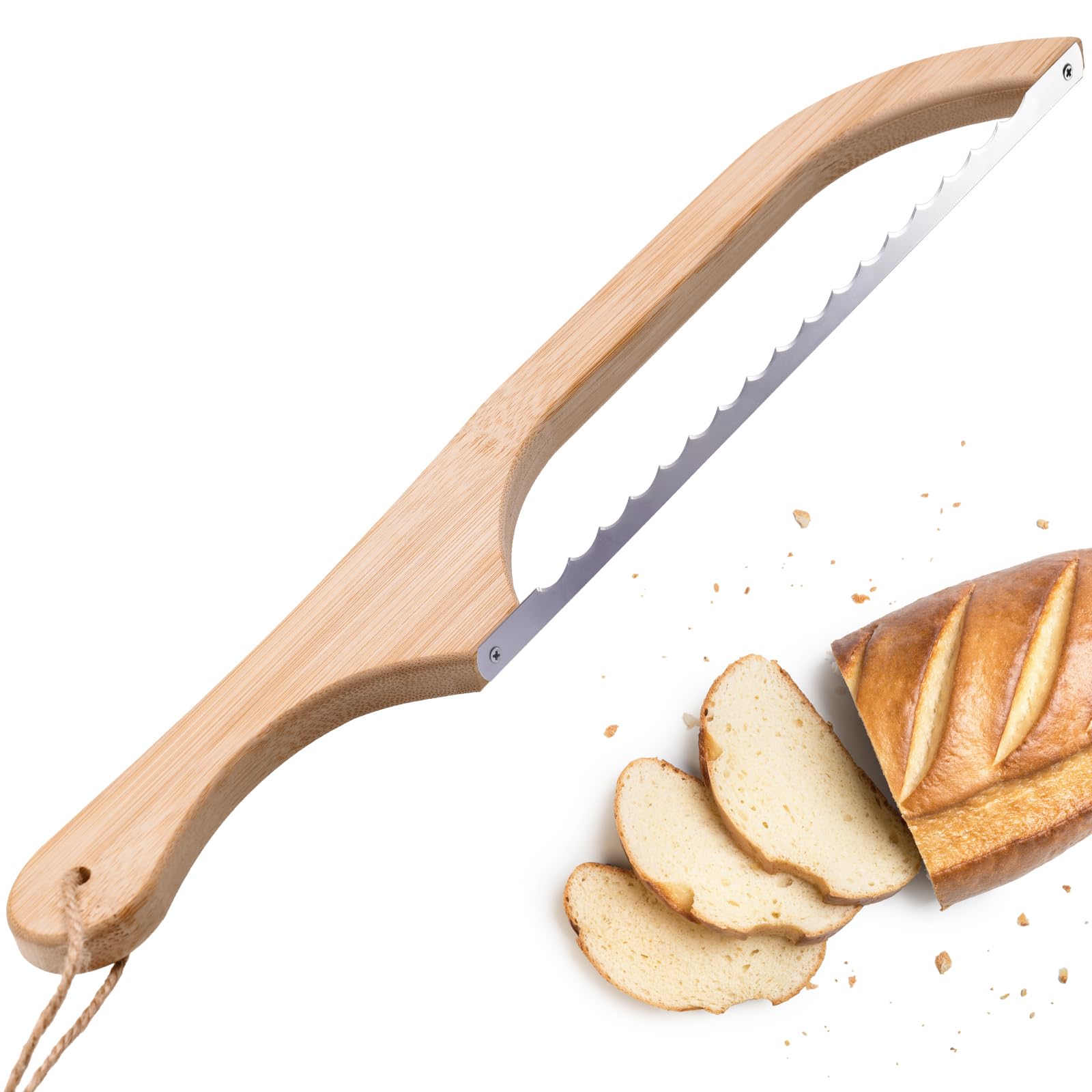 NiHome 15.7" Wooden Bread Bow Knife for Bread, Bagels, Fruits, Ergonomic Bamboo Handle Adjustable for Left or Right-Hand Use, Sharp Stainless-Steel Blade for Precision Slicing, Easy Storage Loop