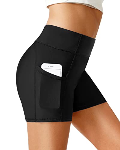 Yonique Women High Waisted Swim Shorts with Pockets Tummy Control Bathing Suit Bottoms Board Shorts Black S