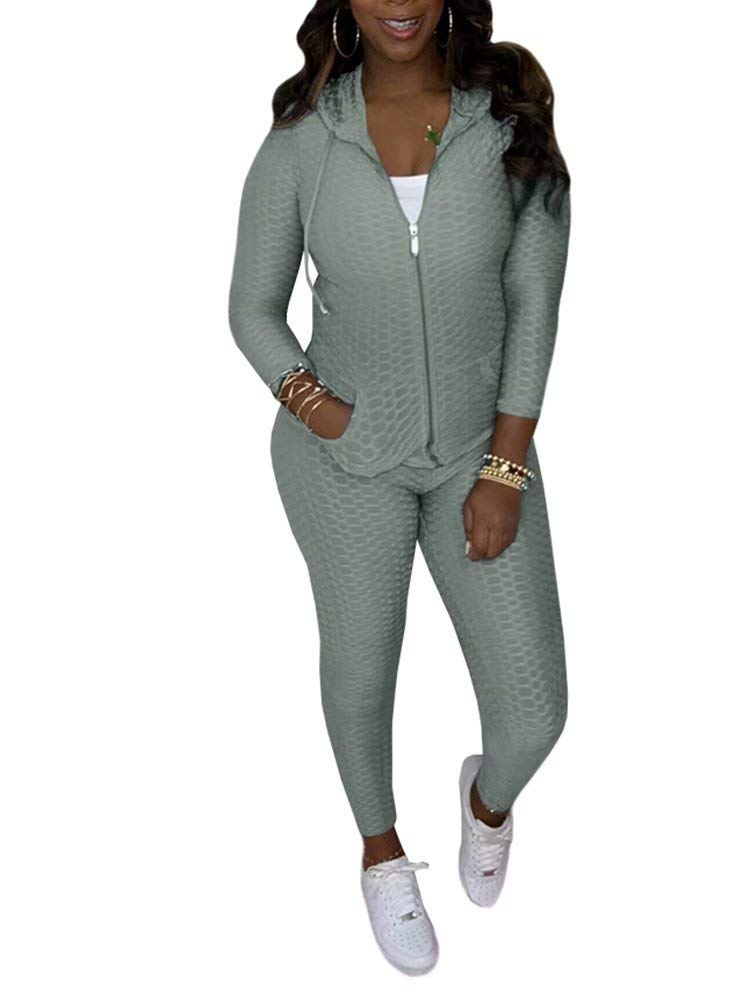 Fitness Exercise Workout Legging Clothes - Long Sleeve Zip Up Fitted Hoodies Top Long Skinny Pants Tracksuit Jogging Suits Grey S