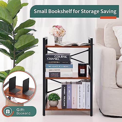 Yoobure Bookshelf Small Book Shelf, Solid Industrial 3 Tier Shelf Bookcase, Short Book Case for Bedroom, Living Room, Office Home, Small Spaces, Easy Assembly Berry Brown