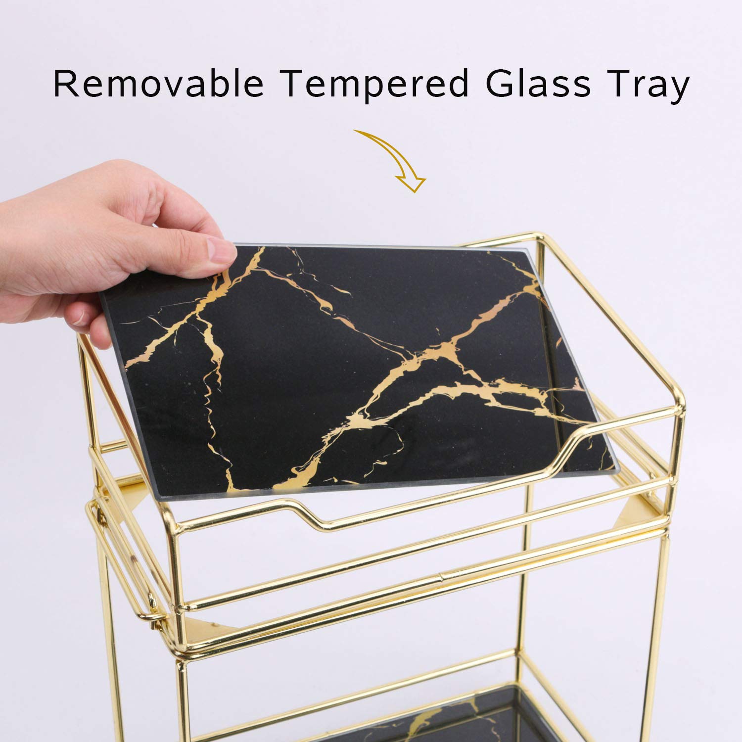Simmer Stone Makeup Organizer Shelf, 2 Tier Cosmetic Storage Basket with Removable Glass Tray, Wire Vanity Organizer Rack for Bathroom, Dresser, Countertop and More, Stackable Assembly