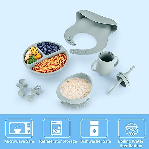 Silicone Baby Feeding Set, FOTEEMO Led Weaning 11-Piece Feeding Eating Supplies Self Feeding Baby Utensils Eating Suction Bowl For 6+ Months Toddler (Blue)