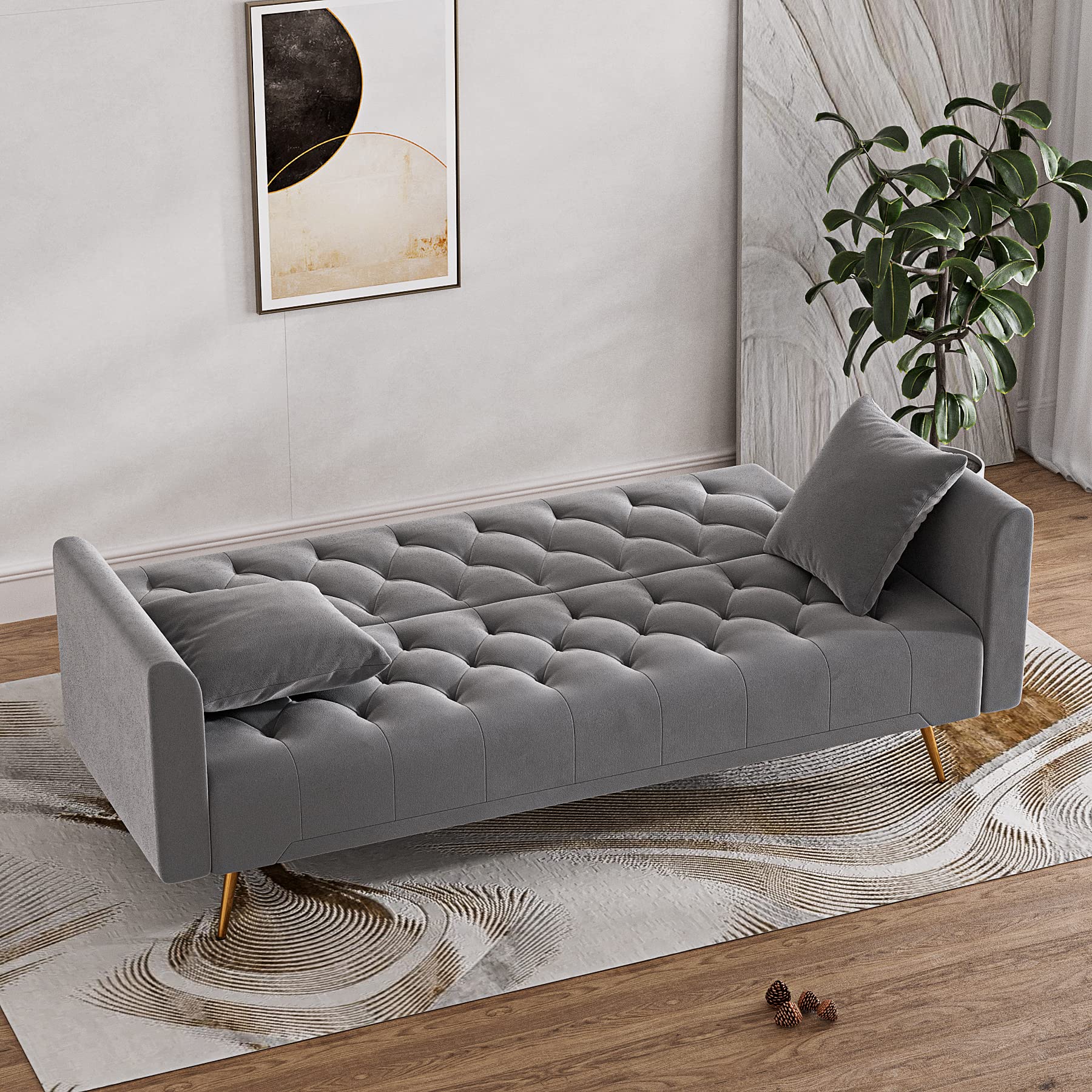 OUYESSIR Velvet Futon Couch Bed, 71 inch Loveseat Convertible Sleeper Sofa with 2 Pillows, Modern Small Futon Couch for Bedroom, Living Room (Grey)
