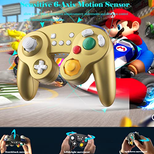 EXLENE Gamecube Controller Switch, Wireless Switch Pro Controller for Nintendo Switch/Lite/PC/Android/iOS/Steam, Support Wake Up, Motion, Adjustable Rumble, Turbo & Auto Turbo (Gold)