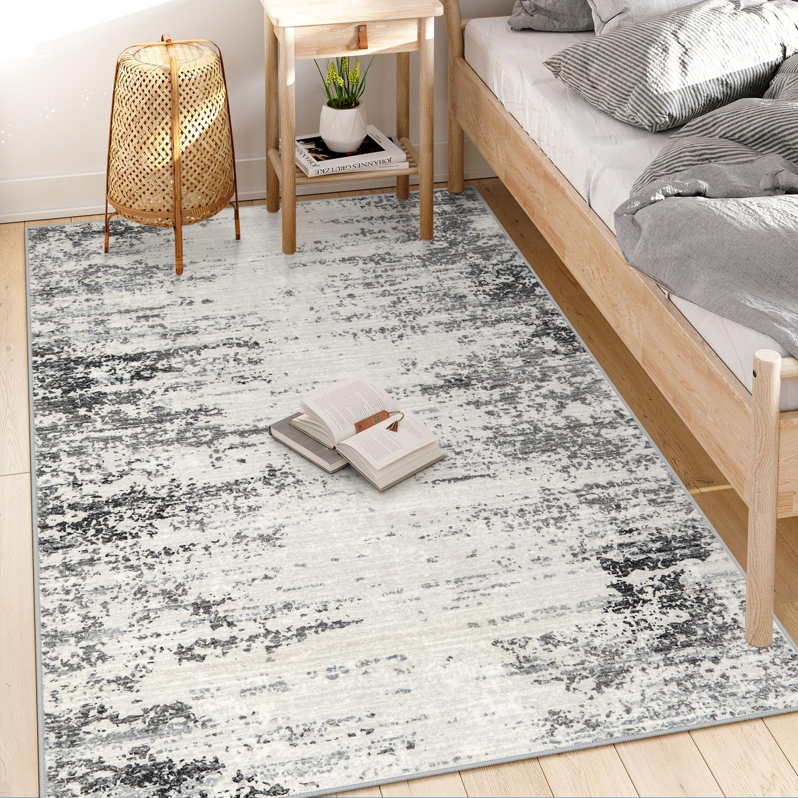 Morebes Modern 3x5 Rug Non Slip,Washable Neutral Area Rug for Bedroom, Soft Abstract Pattern Throw Floor Carpet for Entryway Entry Kitchen Bathroom Living Room Office,Black&Grey