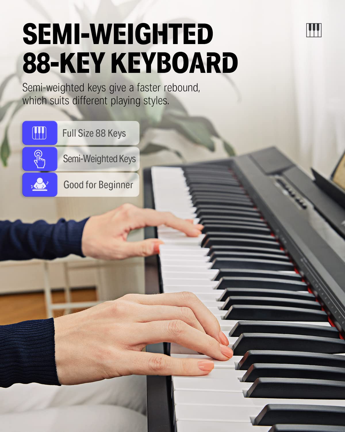Donner DEP-10 Digital Piano 88 Key Semi-Weighted, Full-Size Electric Piano Portable Keyboard for Beginners, with Sustain Pedal, Power Supply