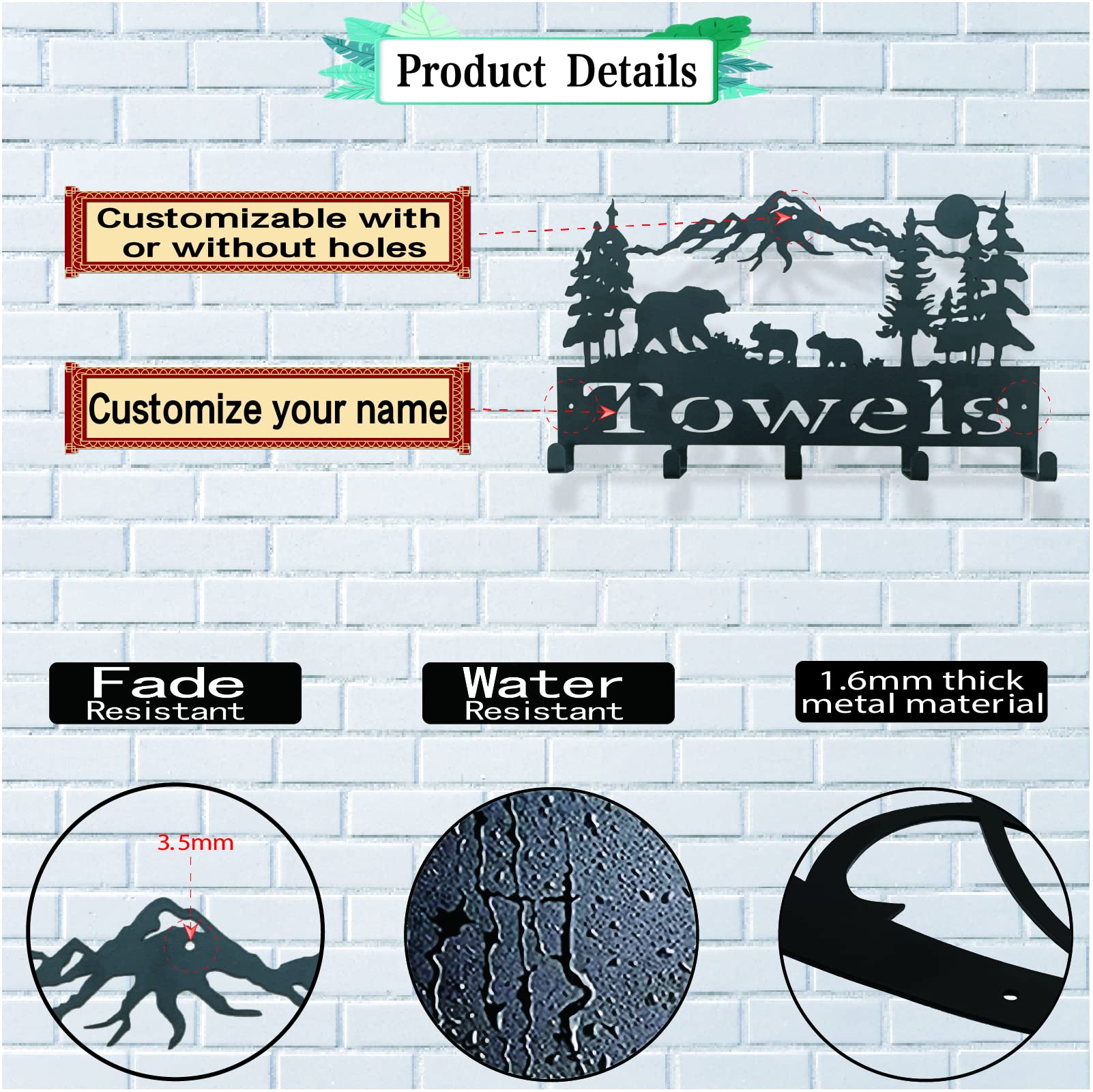 Towels Hooks, Towels Racks, Towels Holder, Metal Bears Sign Multipurpose Hanger with 5 Hooks Waterproof (Black)