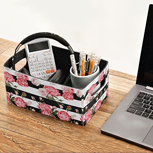 Oyihfvs Floral Peony and Roses Flowers On Black White Stripes 2 PCs Collapsible Storage Bins Baskets, Foldable Felt Fabric Organizer Cube Boxes Storage Bags for Shelves Closet Home Decor