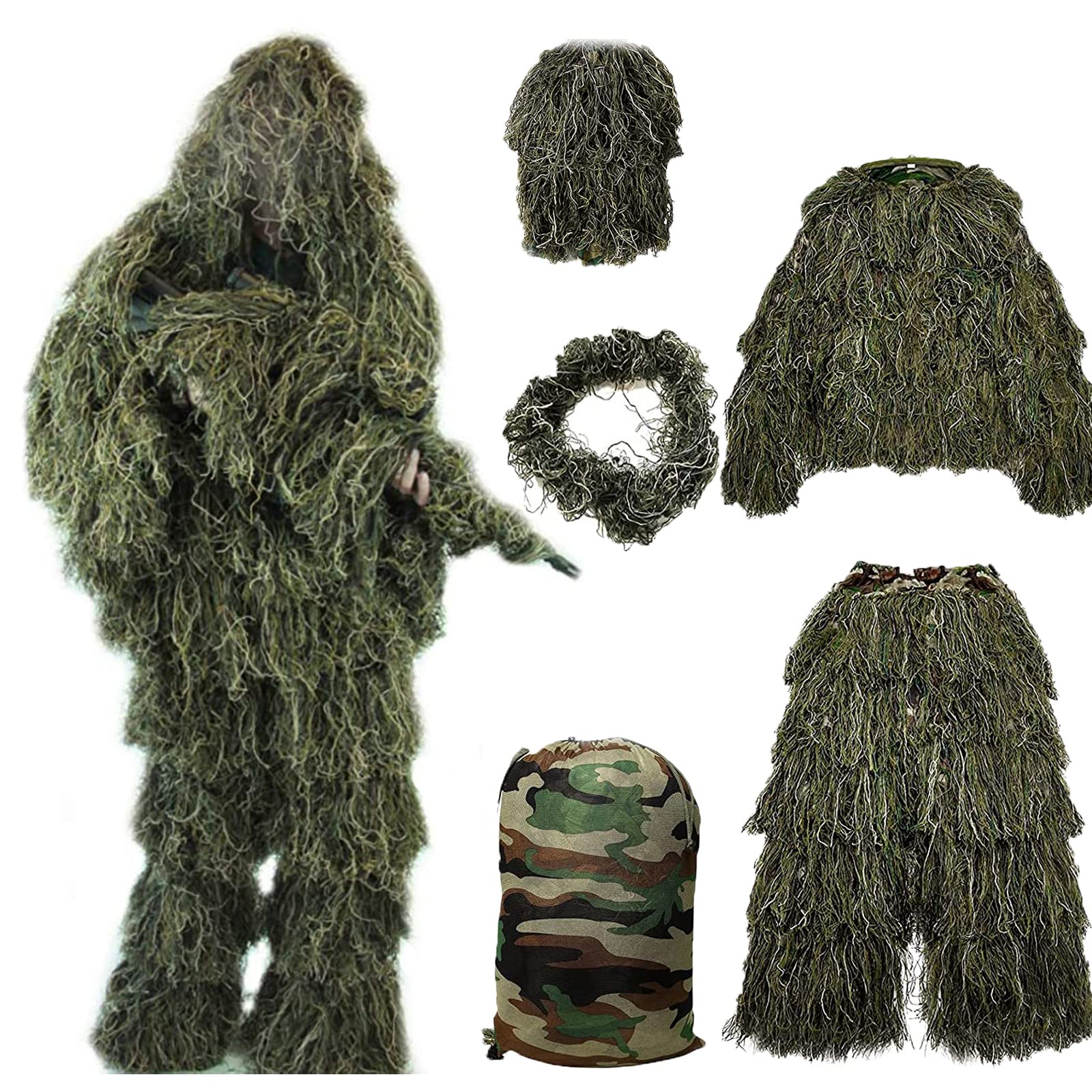 ETSG Oversized XXL 5 in 1 Ghillie Suit for Aults, 3D Camouflage Hunting Apparel Including Jacket, Pants, Hood, Carry Bag Suitable for Unisex Adults