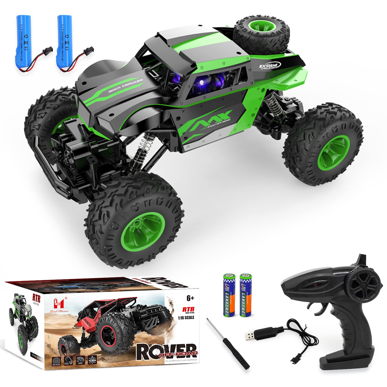 Ealingmoon Remote Control Car | 1:16 Scale 4WD All Terrain Rc Truck | 2.4GHz Off Road Rc Monster Truck with Colorful LED Light and 2 Rechargeable Batteries | Boys & Adults Gift