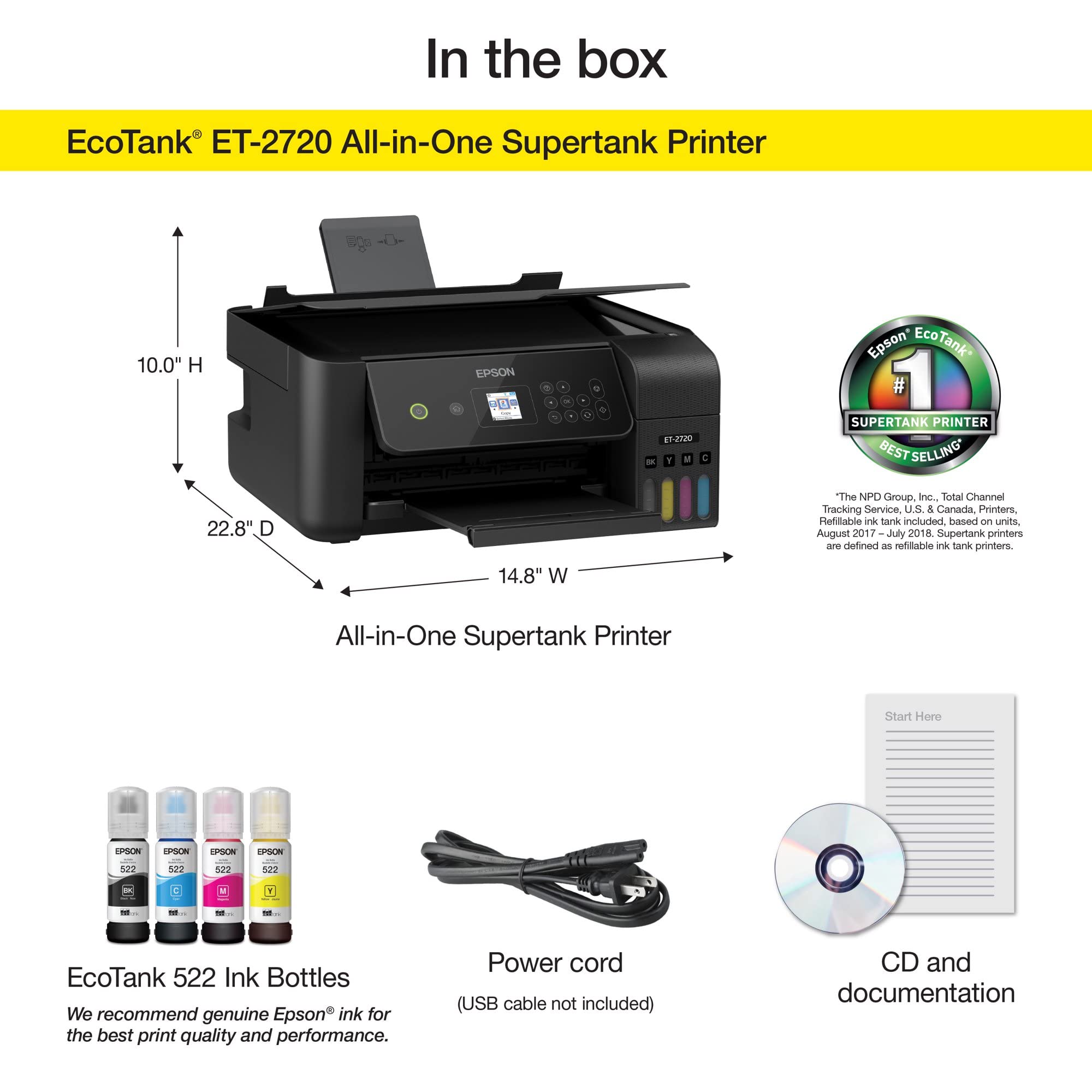 Epson EcoTank ET-2720 All-in-One Wireless Color Inkjet Printer, Black - Print Scan Copy - 10.5 ppm, 5760 x 1440 dpi, Voice Activated, Borderless Photo Printing, 8.5 x 11.7, Ethernet