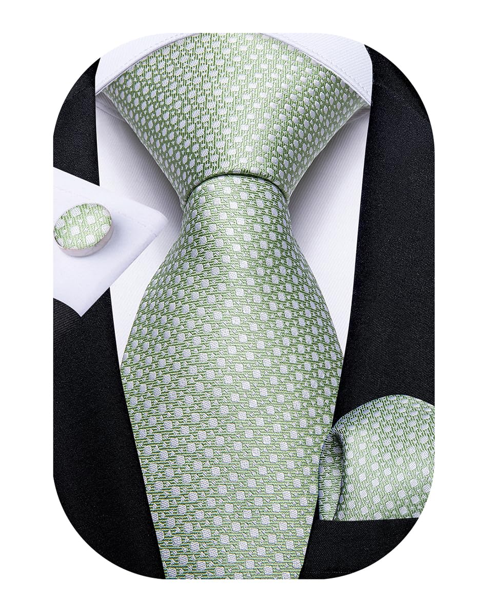 DiBanGu Mens Tie Set Silk Solid Paisley Necktie and Pocket Square Cufflinks Classic Formal Ties for Men Wedding Party, Sage Green