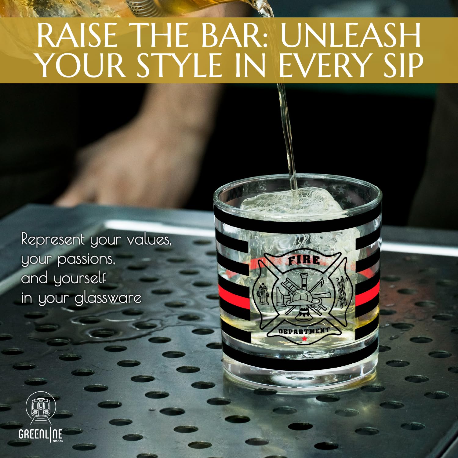 Greenline Goods Thin Red Line Firefighter Whiskey Old Fashioned Glasses (Set of 2) - 10 oz - Classic Glass Drinkware with Fire Fighter Flag Graphics -Shows Support for First Responders