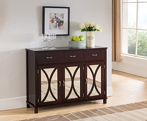 Kings Brand Furniture - 3-Door Sideboard Buffet Server Cabinet, Mirrored Doors/Espresso