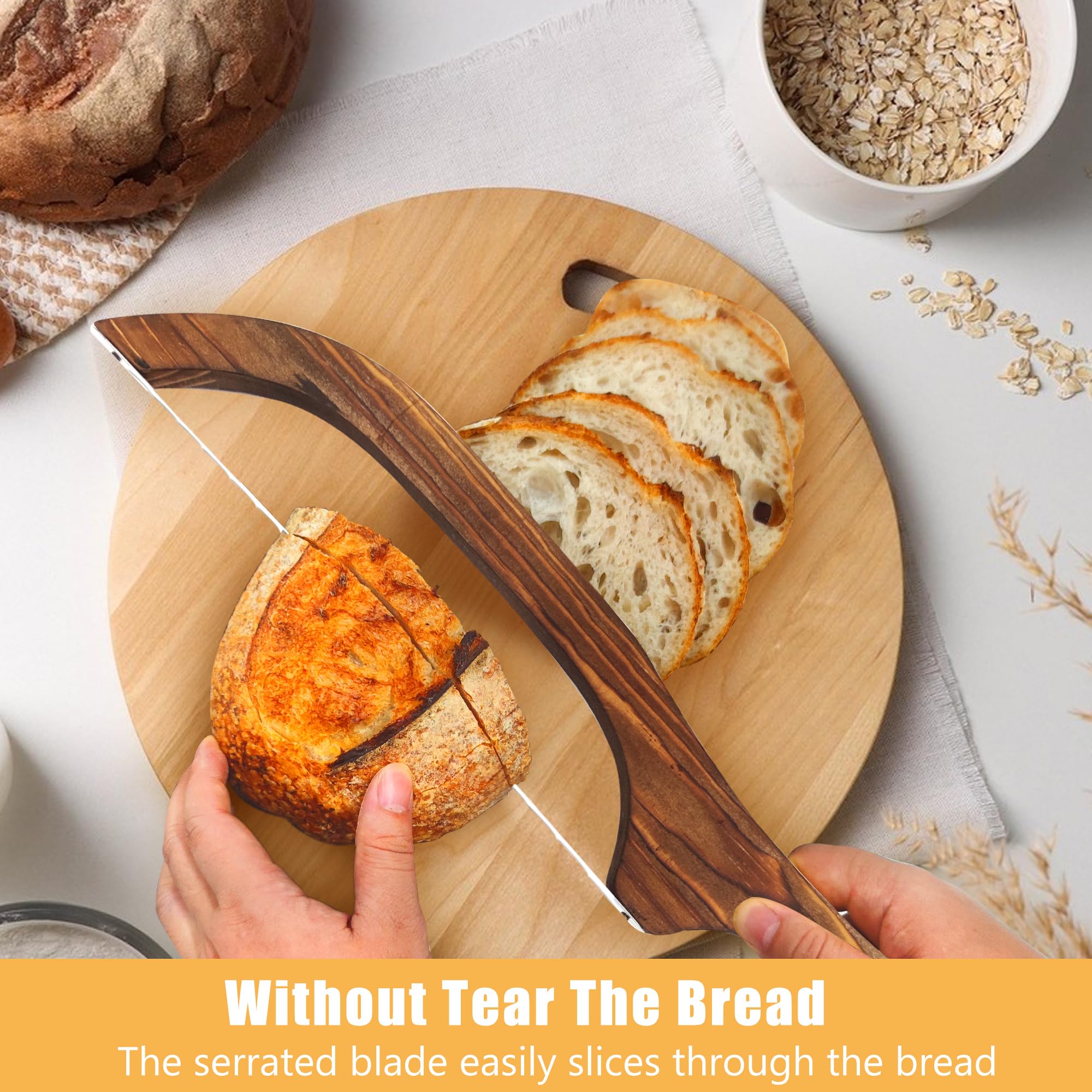 RIJIAKESEN Bread Knife, Sourdough Bread Slicer for Homemade Bread, Wooden Bow Design by Baker and Stainless Steel for Easy Cutting,Multipurpose Bread Cutter.