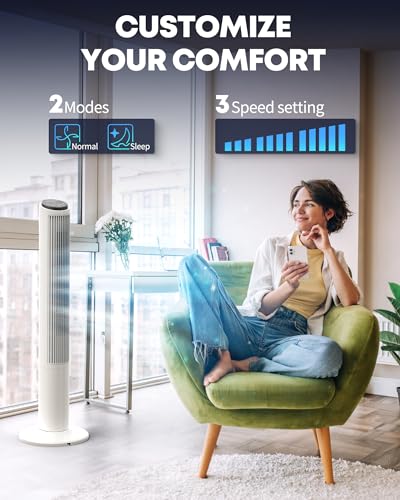 MIBOMIBO 40 inch White Tower Fan for Bedroom, Quiet Cooling Fan with LED Display, Oscillating Fans for Indoors with 3 Speeds, 15H Timer, Bladeless Fan, Standing Floor Fans,TF-K4007RW