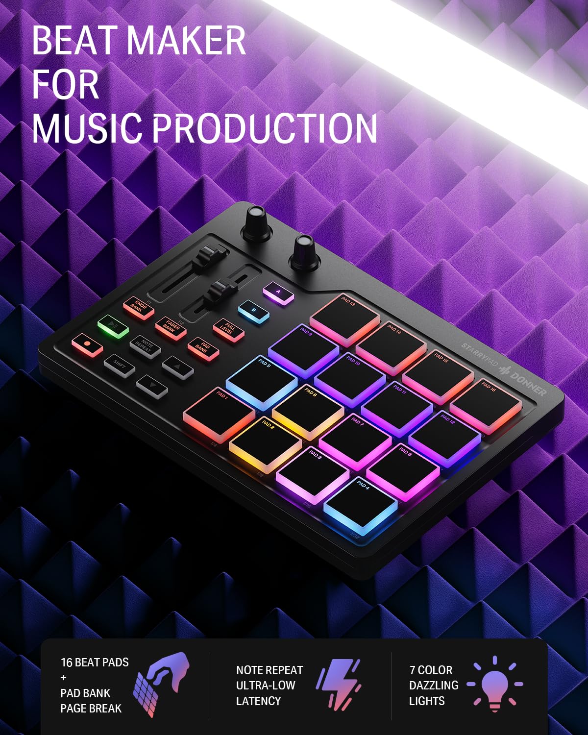 Donner MIDI Keyboard Controller, DMK25 Portable MIDI with 25 Responsive Keys, 8 Great Tactile Backlit Drum Pads, 4 Assignable Knobs for Beginners & Music Composition Lover, Great Gift for Son, Black