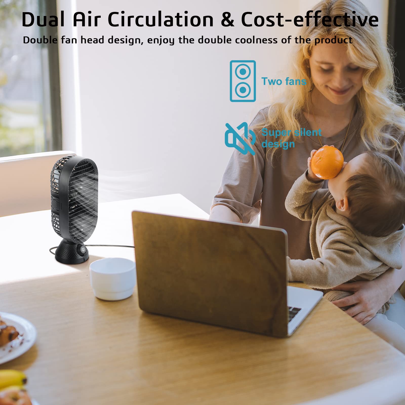 ETNVOW USB Desk Fan Oscillating Cooling, Portable Table/Desktop Fan with Dual Head,Dual Air Circulation,Stepless Speed Quiet USB Tower Fan for home bedroom Office
