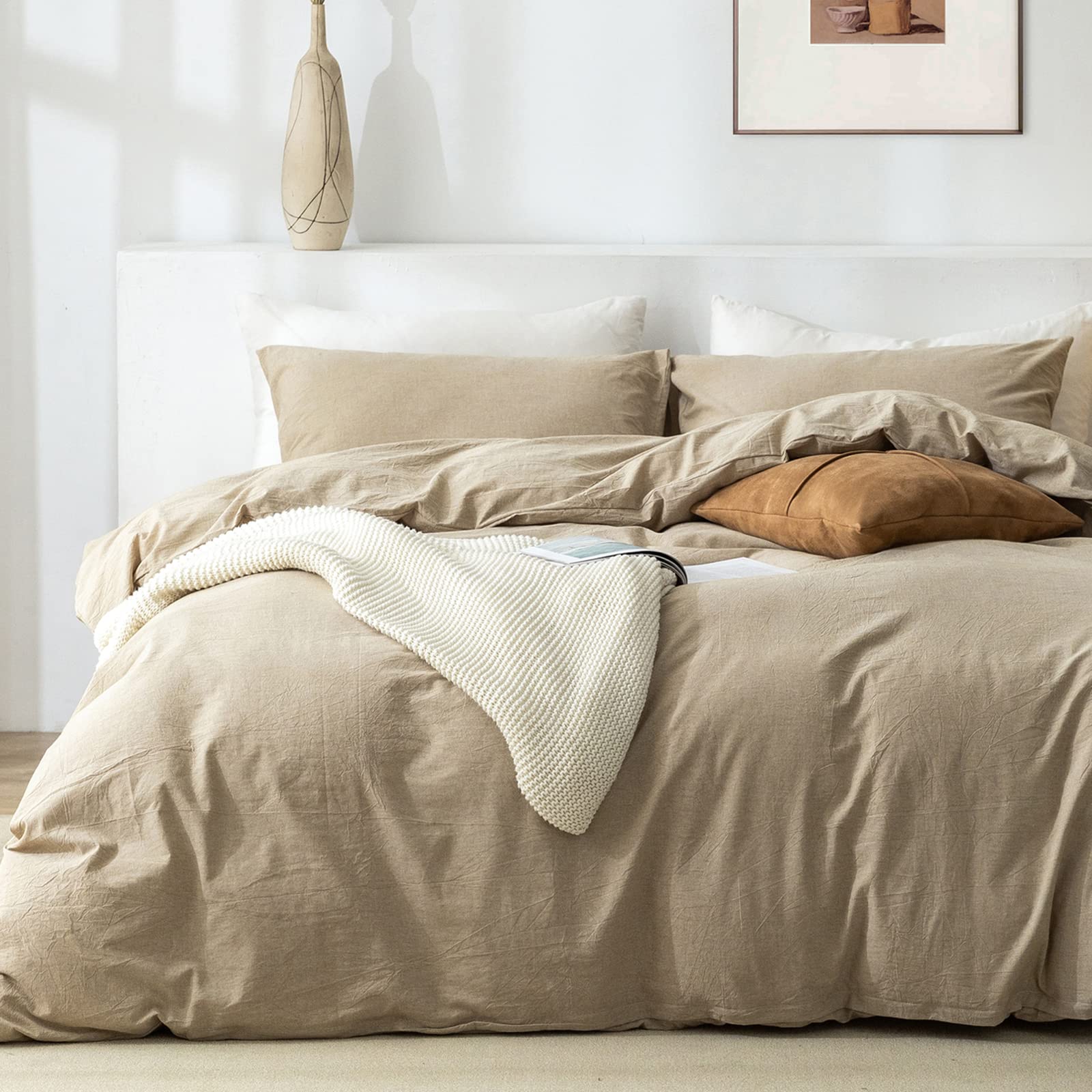 TIPTOE BEAR King Duvet Cover Set- 100% Washed Cotton 3 Pcs Soft Comfy Breathable Chic Linen Feel Bedding, 1 Duvet Cover and 2 Pillow Shams, Beige