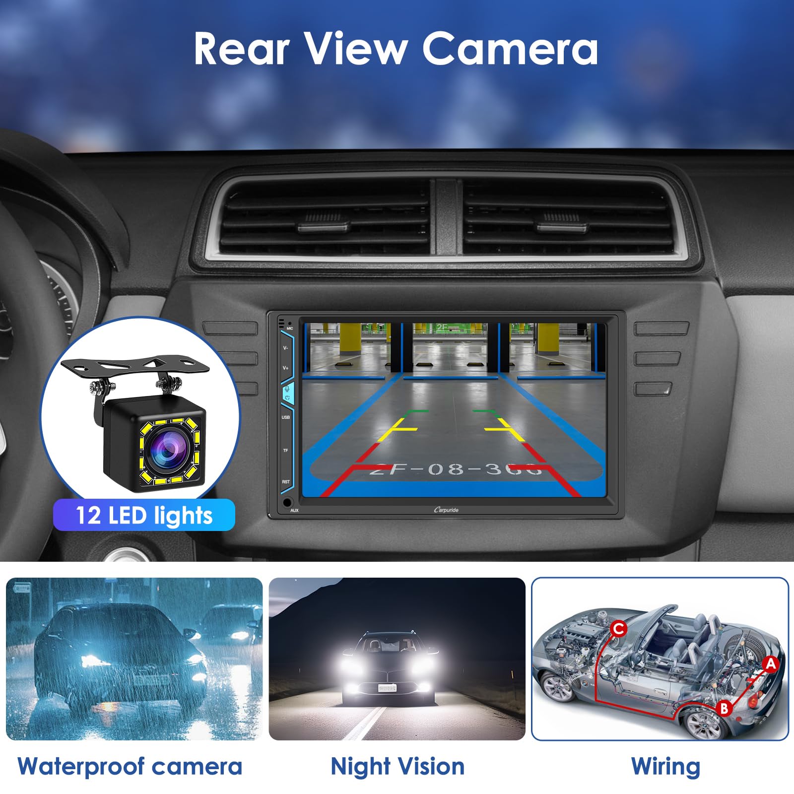 Double Din Car Stereo-Carpuride 7 Inch Touchscreen Car Radio with Backup Camera,Bluetooth,Wireless Carplay/Android Auto,Voice Control,FM Radio, Mirror Link, Steering Wheel Control(SWC)/USB/TF/AUX