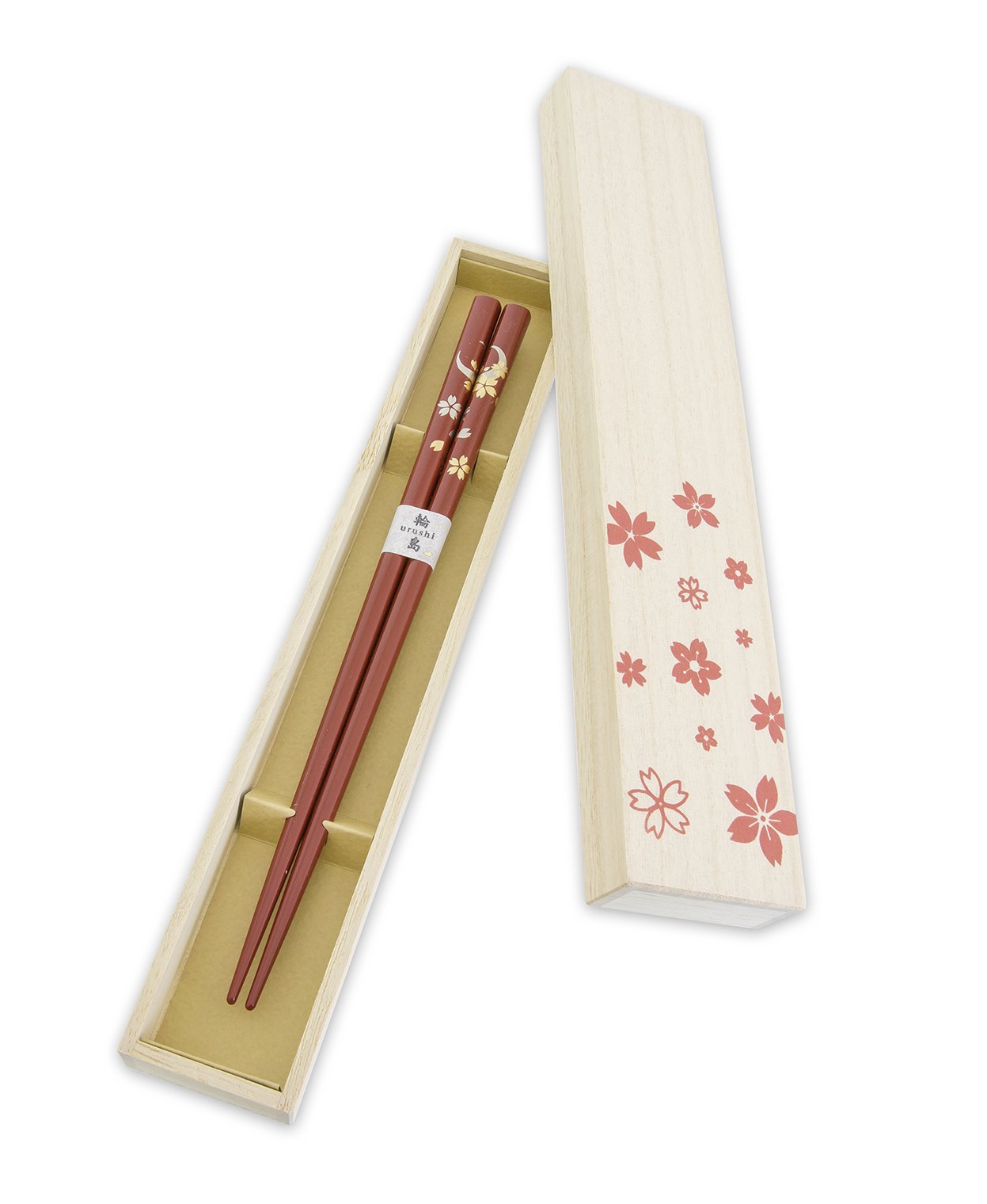 Hashimoto-Kousaku Sikkiten Japanese Natural Lacquered Wooden Chopsticks Sakura Collection in Gift Box (Yoisakura, Vermilion)