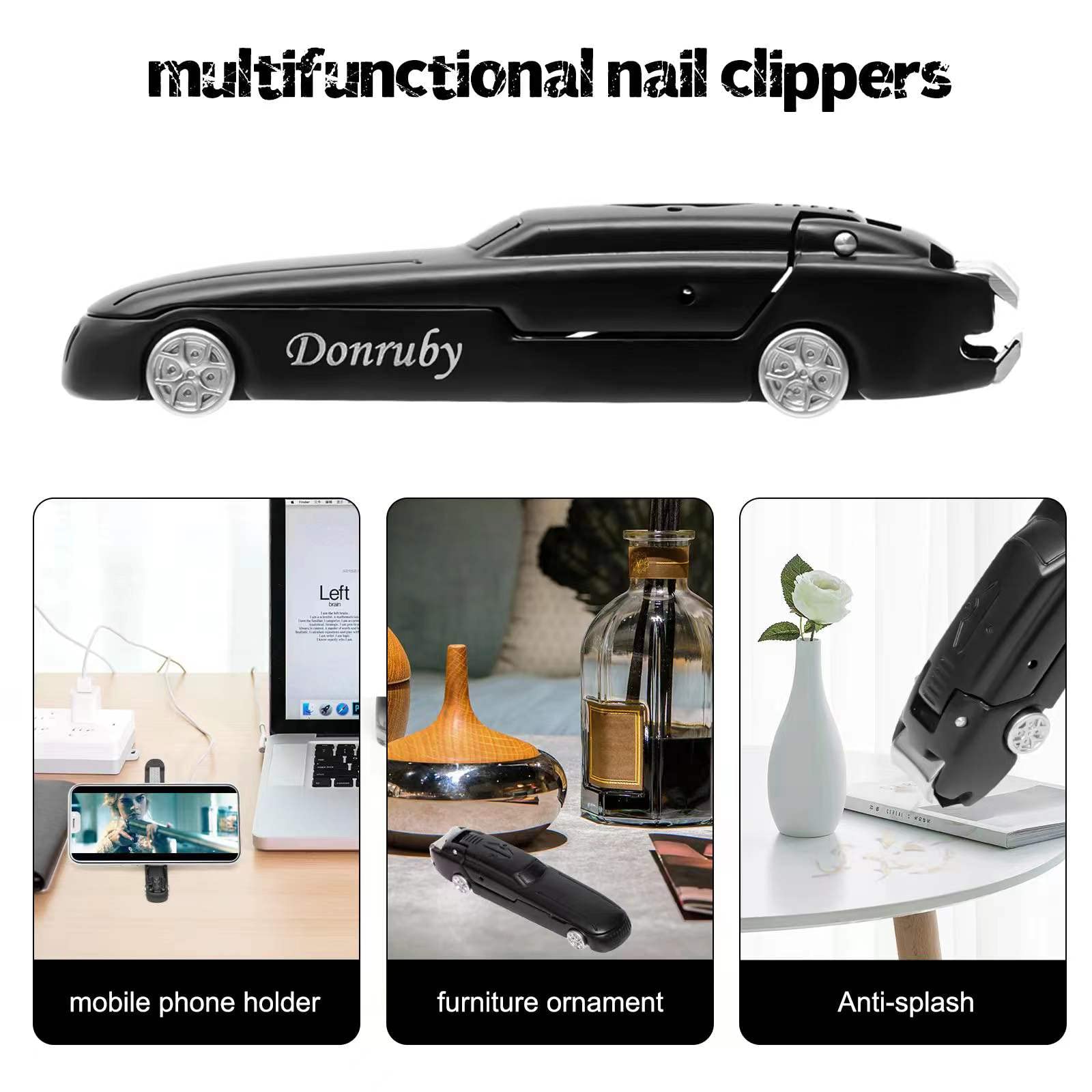 Donruby Nail Clippers Set, Nail Clippers for Men with Catcher - Car Shape Anti-Splash Toe Nail Clippers, Ultra Sharp Sturdy Fingernail and Toenail Clipper Cutters - With Cell Phone Stand Function