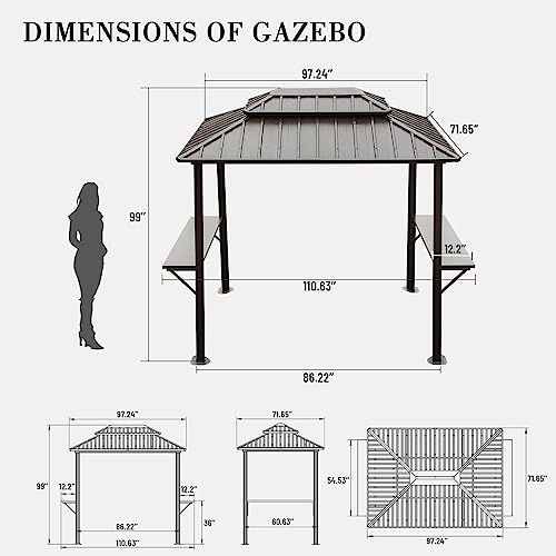 Domi 8β x 6β Grill Gazebo, Outdoor Aluminum BBQ Gazebo with 2 Side Shelves, Hardtop Double Roof Permanent Sun Shade with Ceiling Hooks for Patio Deck Yard Garden (Brown)