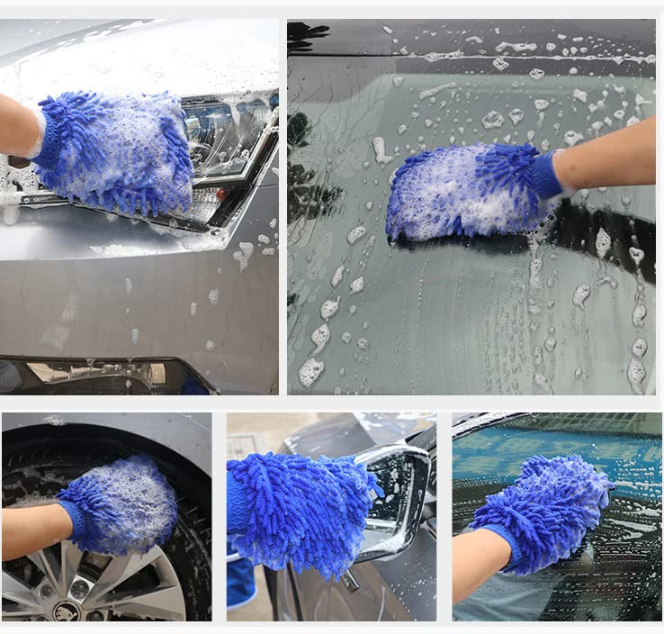 LHHweiusa 2 Pairs Car Wash Mitt Microfiber,5-Finger Microfiber Wash Mitts,Scratch Car Interior Exterior Cleaning Gloves,Strong Water Absorption Premium Chenille Washing Gloves
