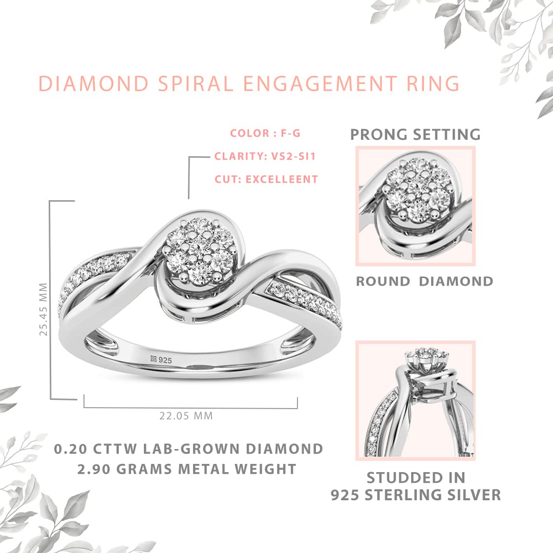 Femme Luxe 0.20 cttw Diamond Round Spiral Ring In 925 Sterling Silver | Lab Grown Diamond Fashion Ring for Women | Prong Setting | Available Ring Size: 6, 7, 8 (8)