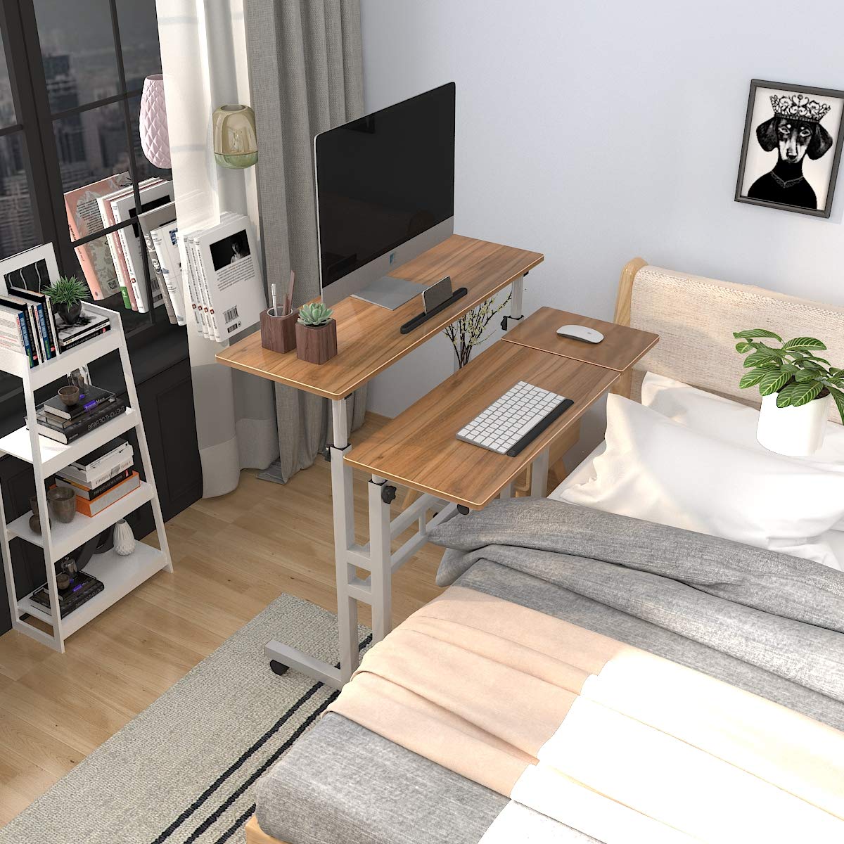 DlandHome Adjustable Rolling Desk Standing Desk, Sit-Stand Desk Cart Mobile Computer Desk Stand Up Desk Office Desk Riser Standing Table Workstation Mobile Desk, Oak