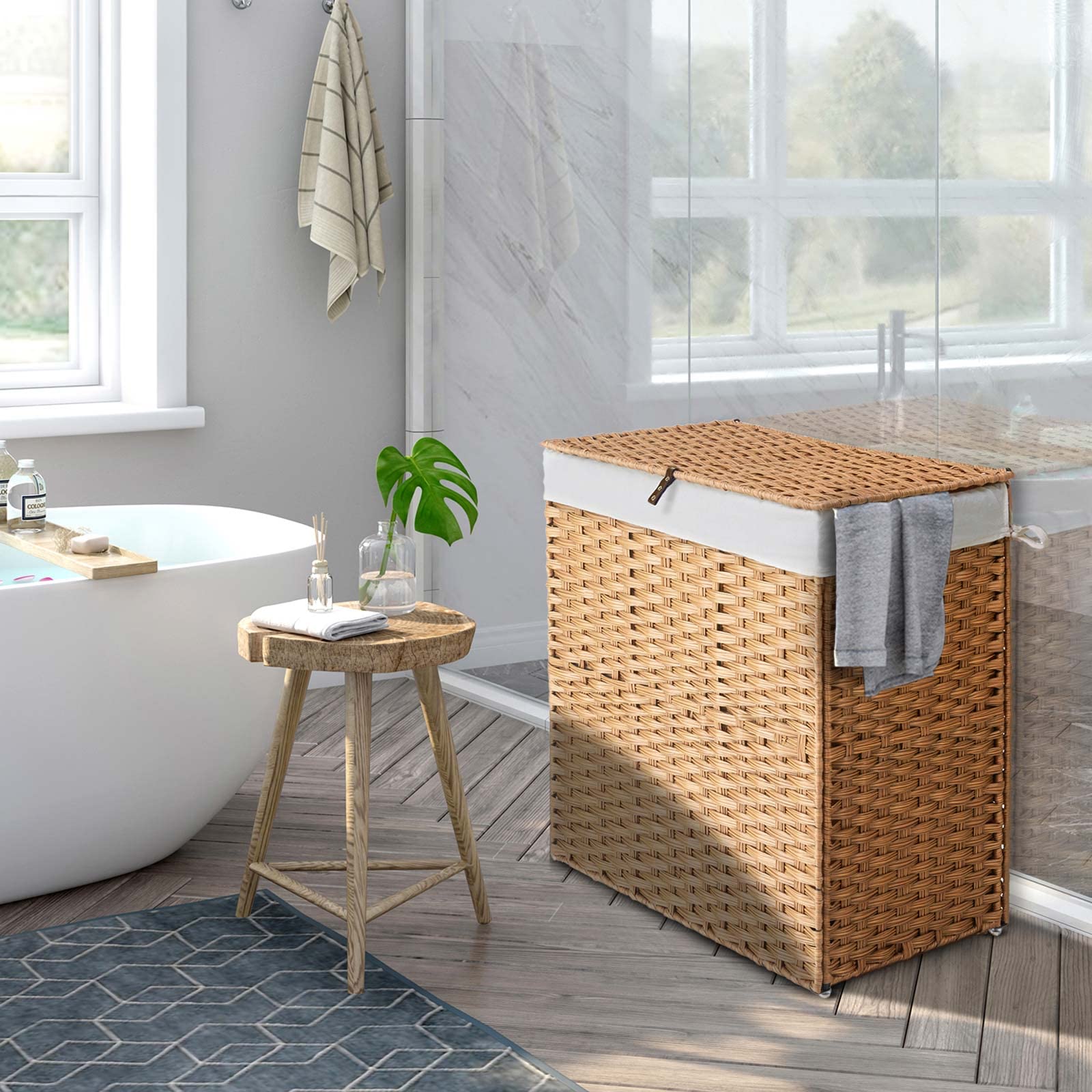 Greenstell Laundry Hamper with lid, No Install Needed, 110L Wicker Laundry Baskets Foldable 2 Removable Liner Bags, 2 Section Clothes Hamper Handwoven Rattan Laundry Basket with Handles, Natural