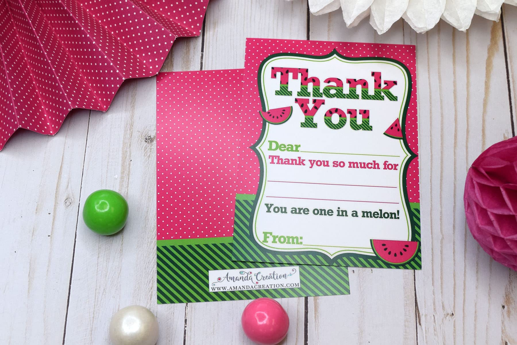 Pink Watermelon Sweet Celebration Birthday Thank You Notes, Ten 4" x 5.5" Fill In The Blank Cards with 10 White Envelopes by AmandaCreation